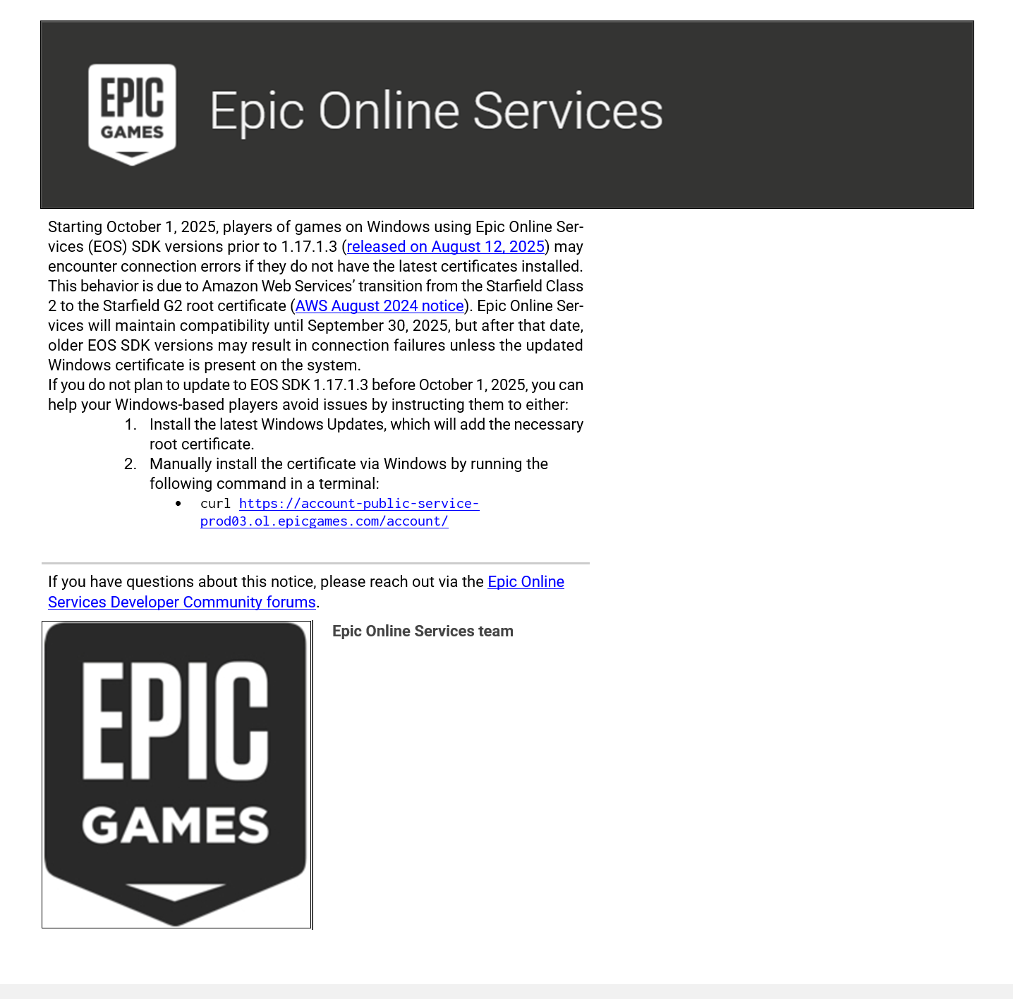 Update to Epic Online Services (EOS) SDK – Robot Entertainment Help Center
